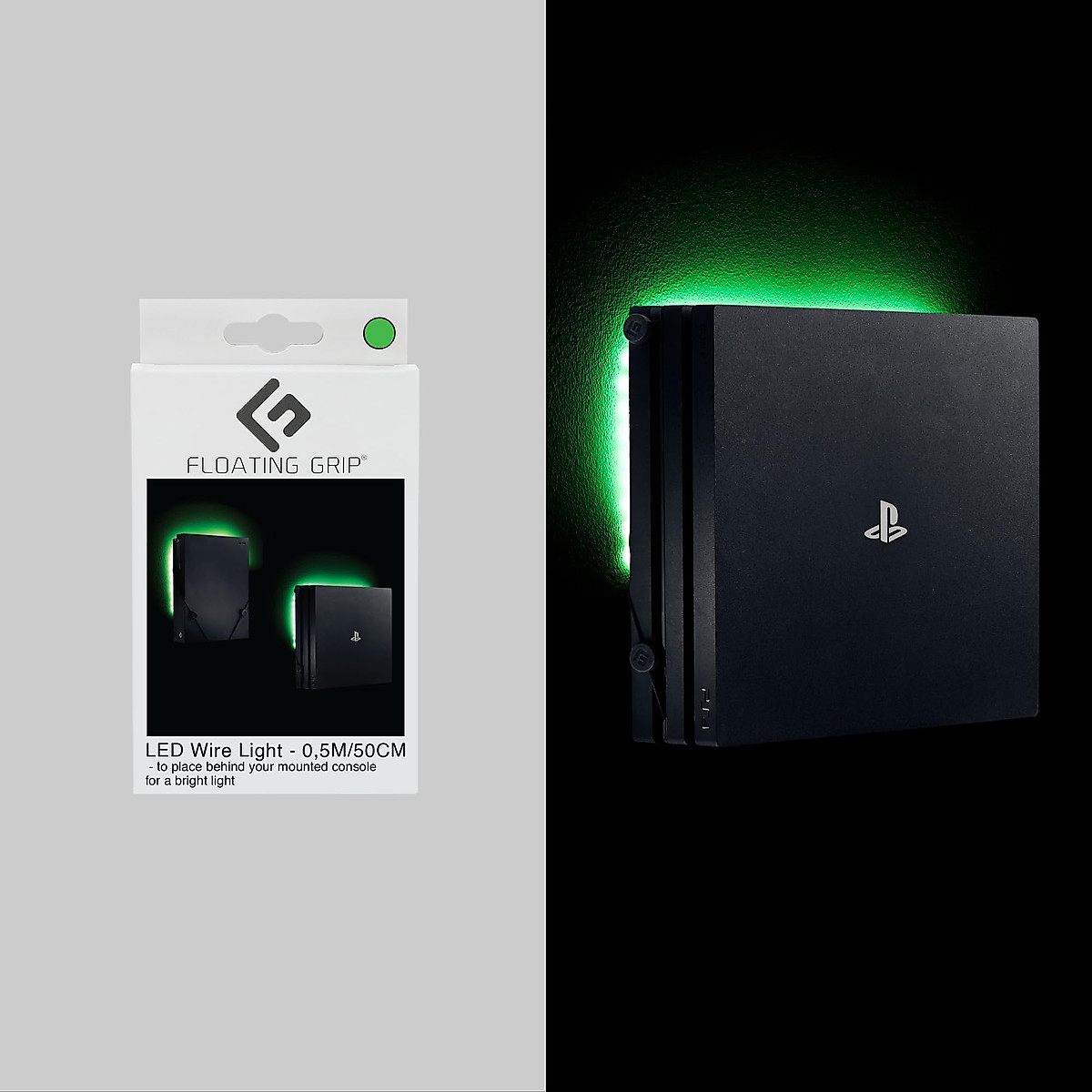 USB LED Light Strip by FLOATING GRIP - Mood Lighting Accent & Gamer Decor for Game Rooms - Fits on PlayStation or XBOX - Adhesive Strips, Easy Installation & Removal (0.5 Meter, Green)