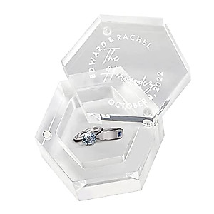 JFLL Personalized Clear Hexagon Wedding Ring Box，Engraved Romantic Wedding Jewelry Bearer Box, Engagement Proposal Ring Storage Gift, Modern Ring Dish，Custom Names & Date, Transparent