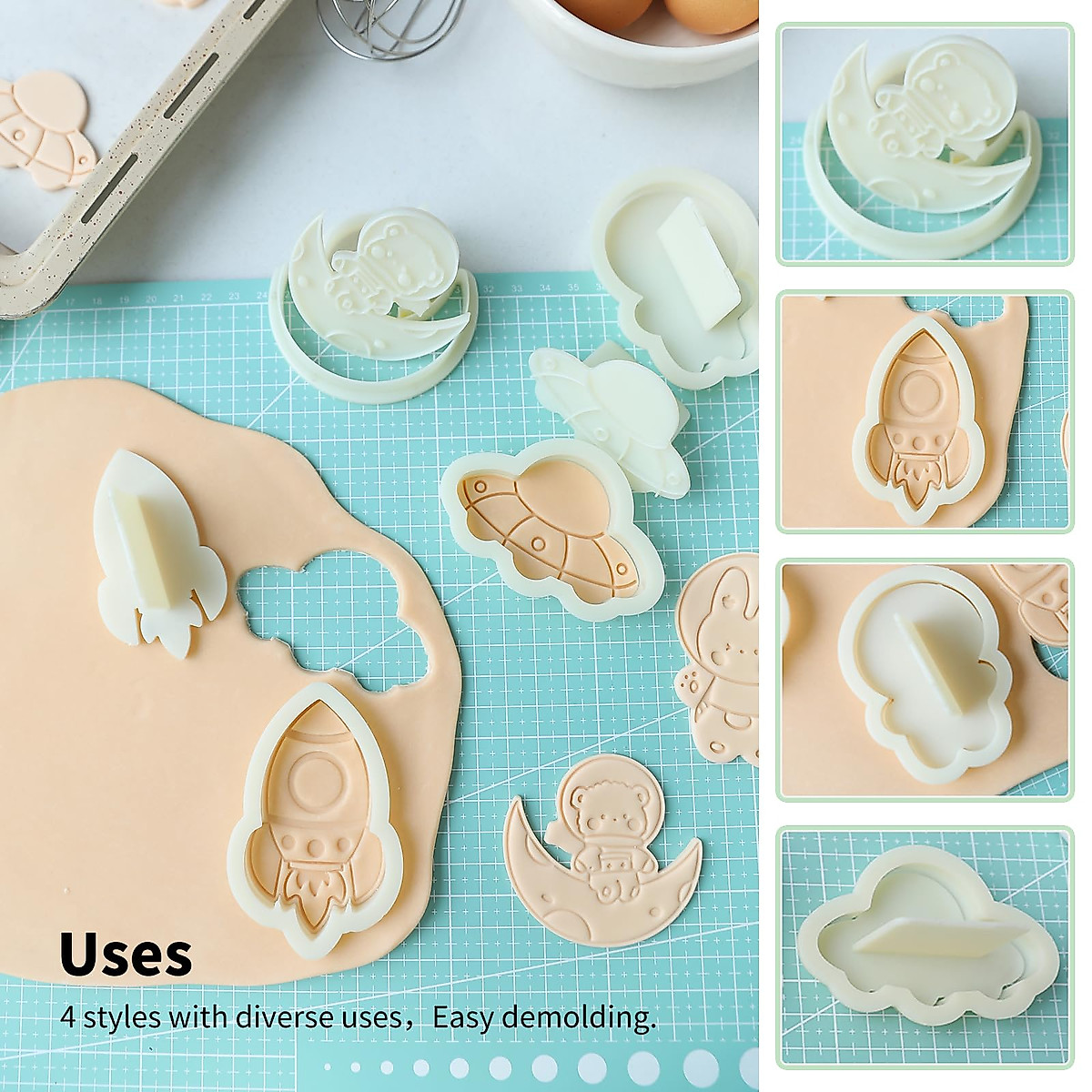 KALAIEN Space Cake Mold Cookie Cutter Rocket Mold Fondant Stamper Set, Biscuit Cake Baking Mold for Party Supplies Small Set of 4