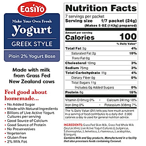 EasiYo Greek Style Plain 2% Yogurt Base (6-pack, 42 Servings) with Live Cultures | Easy & Fresh Homemade Yogurt | Use with EasiYo Maker | New Zealand Milk from Grass Fed Cows