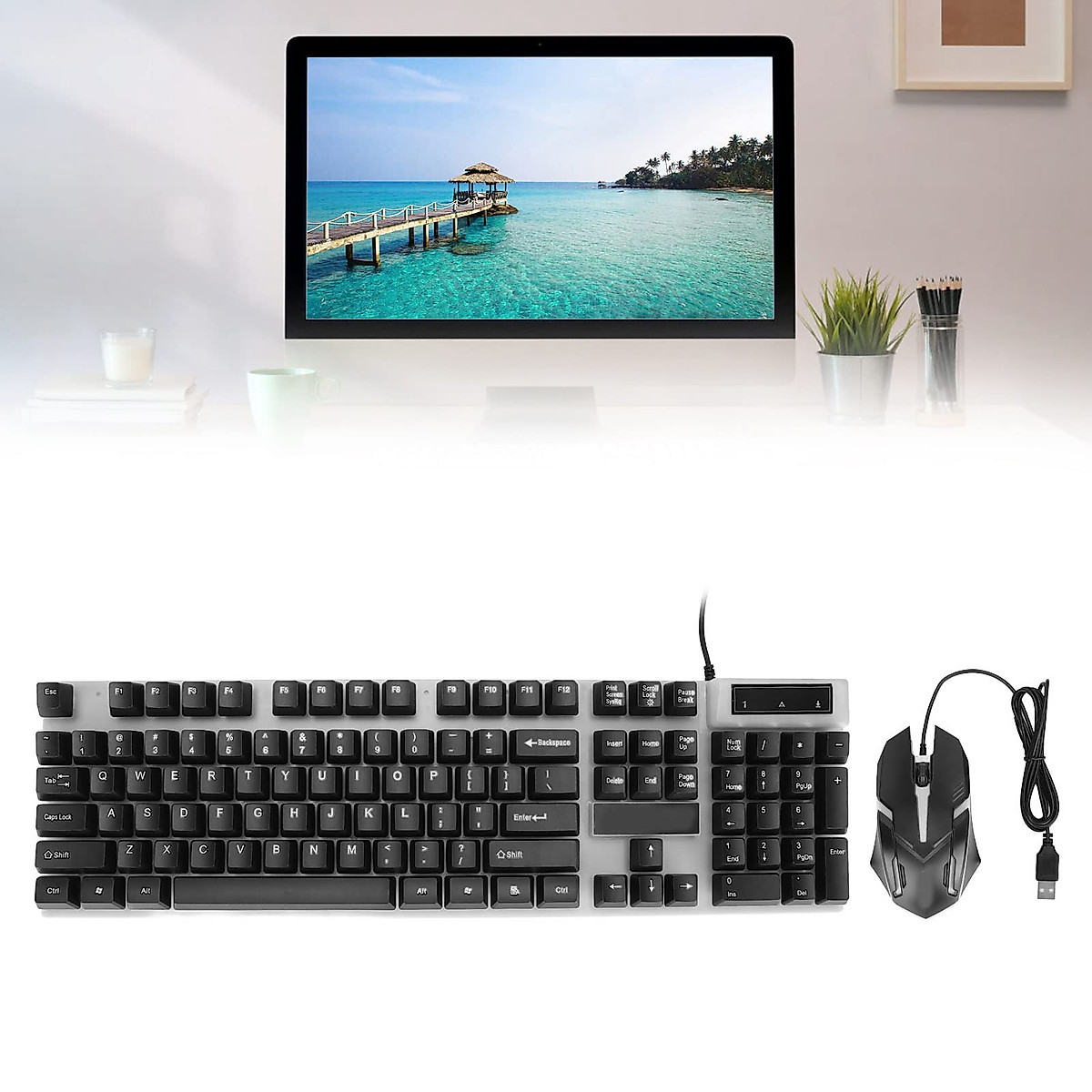 Hilitand Backlit Gaming Keyboard and Mouse Combo, USB Wired Computer Keyboard Mouse Game Set, 104 Keys, 7 Colors Breathing Light Keyboard Mouse for PC/Laptop(Black)