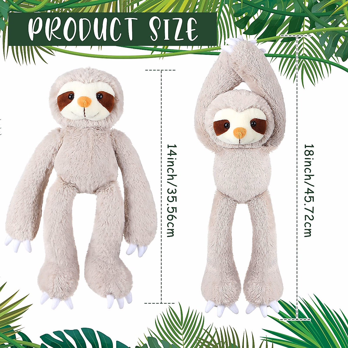 Hanging Sloth Stuffed Animals 18 Inch Three Toed Sloth Plush Toy with Hook and Loop Hands Hanging Sloth Toy for Boys Girls Bedroom Animal Themed Birthday Party Favors Decoration (4 Pcs)