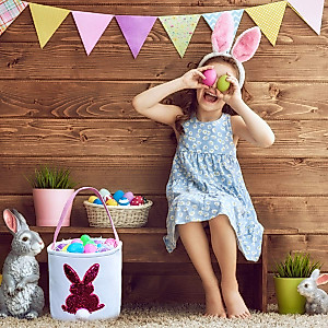 Poptrend Easter Basket Bags,Easter Eggs/Gift Baskets for Kids,Bunny Tote Bag Bucket for Easter Eggs,Toys, Candy,Gifts (Pink paillette)