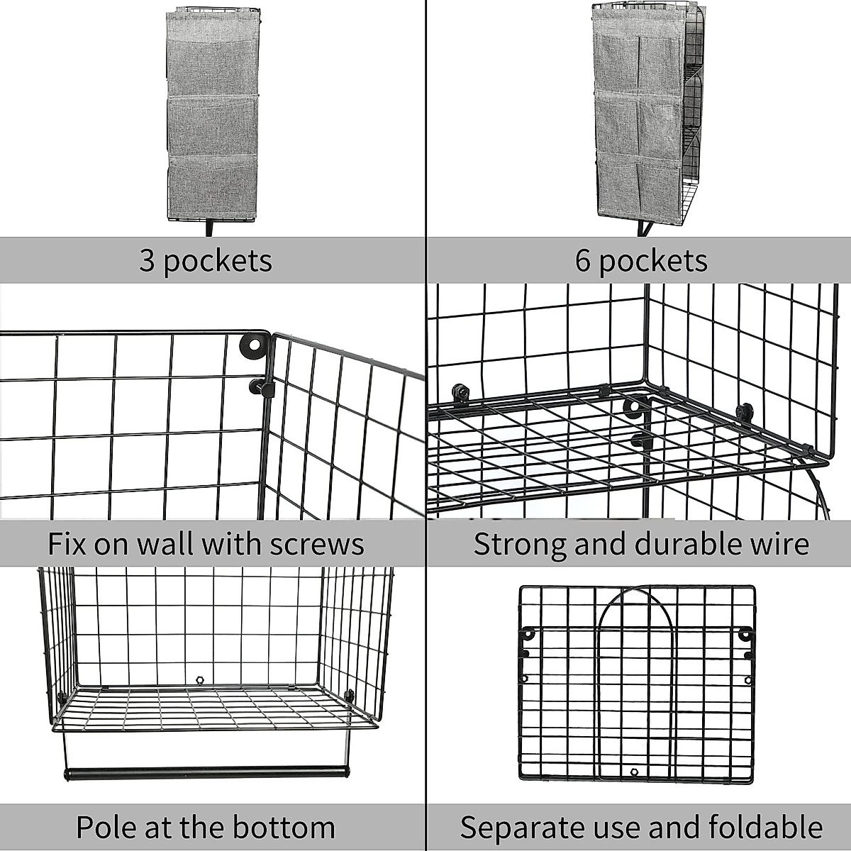 3 Tier Hanging Shelves Wall Mount Metal Wire Basket with 9 Canvas Pockets &Removable Hooks,Foldable 3-Shelf Clothing Closet Storage Organizer for Bedroom Baby Nursery Cloth Sweaters Handbags Cap Black