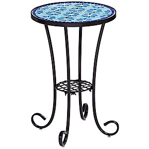 Teal Island Designs Blue Star Modern Black Metal Round Outdoor Accent Side Table 14" Wide with Lower Shelf Mosaic Tabletop Gracefully Curved Legs for Porch Patio Home House Balcony Spaces Deck