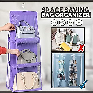Dosurgorn Double-Sided Six-Layer Hanging Storage Bag, 6 Pockets Hanging Closet Storage Bag, High Capacity Transparent Collapsible Non-Woven Hanging Handbag Storage Hanging Bag, 90CM*35CM*32CM (Gray)