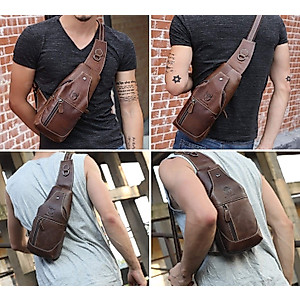 BULLCAPTAIN Genuine Leather Men Sling Crossbody Bag Multi-pocket Chest Bag Casual Travel Hiking Sling Backpack with Earphone Hole (Black)