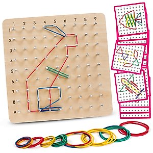 Skrtuan Wooden Geoboard with Rubber Bands, Montessori Educational Toy for Kids, Pattern Block Geo Board with Pattern Cards and Rubber Bands Create to Figures Shape STEM Puzzle Matrix Brain Teaser