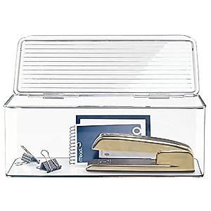 mDesign Plastic Stackable Storage Organizer Box with Hinged Lid - Long Home Office Holder Supply Bin for Note Pads, Gel Pens, Staples, Tape, Highlighters, or Dry Erase Markers - Clear