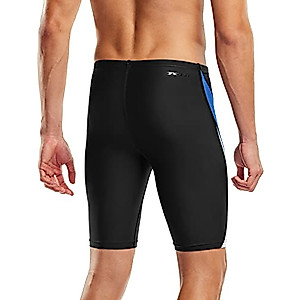 TSLA Men's Swim Jammers, Athletic Racing Swimming Shorts Trunks, UPF 50+ Sun Protection Endurance Triathlon Swimsuit, Splice Black & Blue & White, 40