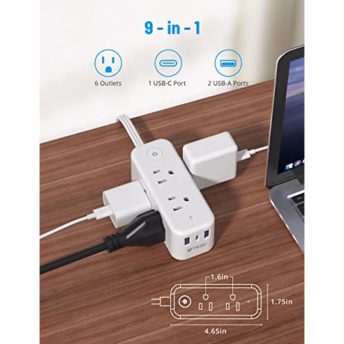 Flat Plug Power Strip - TROND 5ft Ultra Thin Extension Cord with 6 Widely Outlets and 3 USB Ports(1 USB C) + TROND 10FT Thin Flat Extension Cord 3 USB-A & 1 USB-C Port, 8 Widely-Spaced Outlets