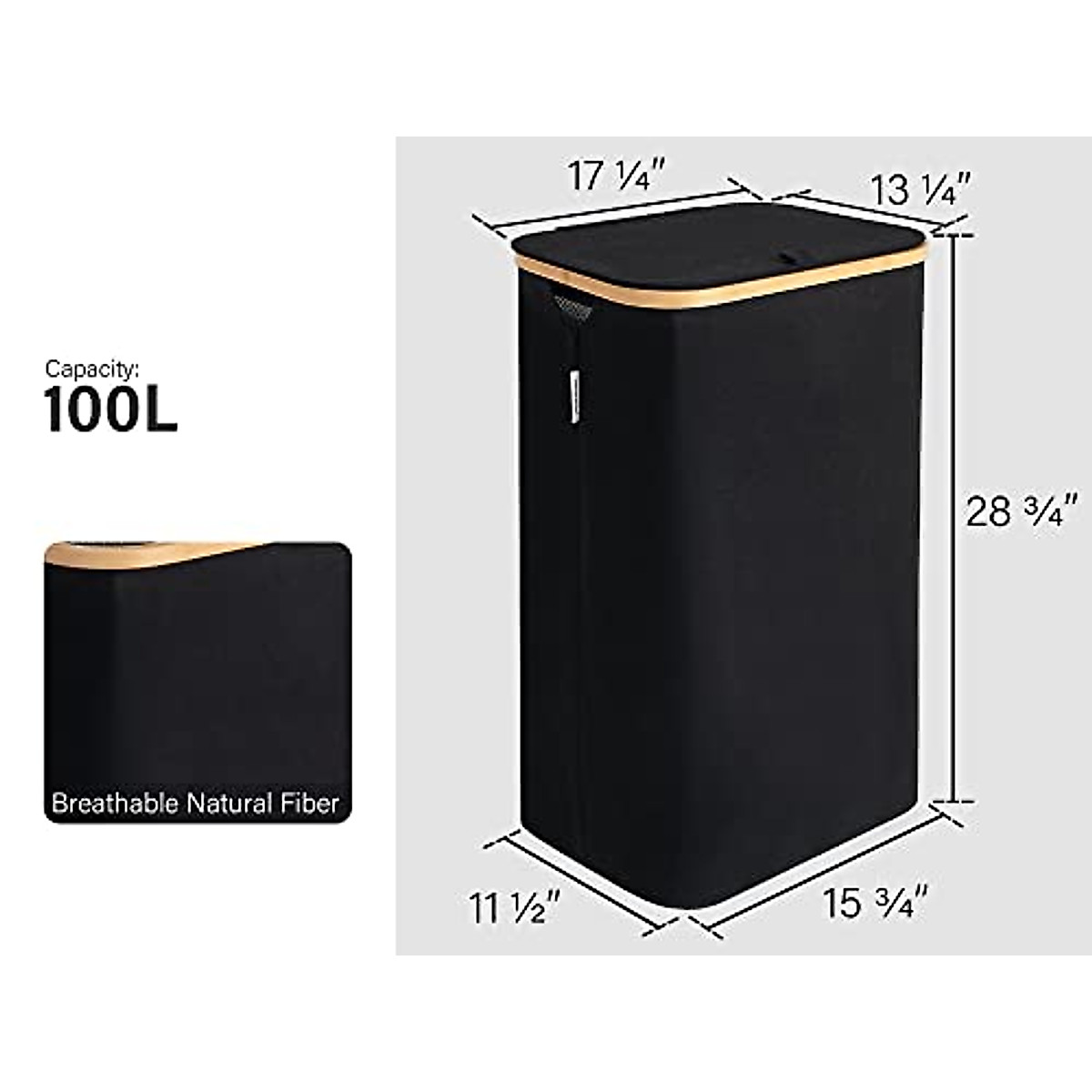 StorageWorks Large Laundry Hamper with Lid, 100L Tall Laundry Basket with Bamboo Handles and 2 Removable Inner Bag, Collapsible Laundry Hamper for Clothing, Toys, Towels, Black, 1-Pack