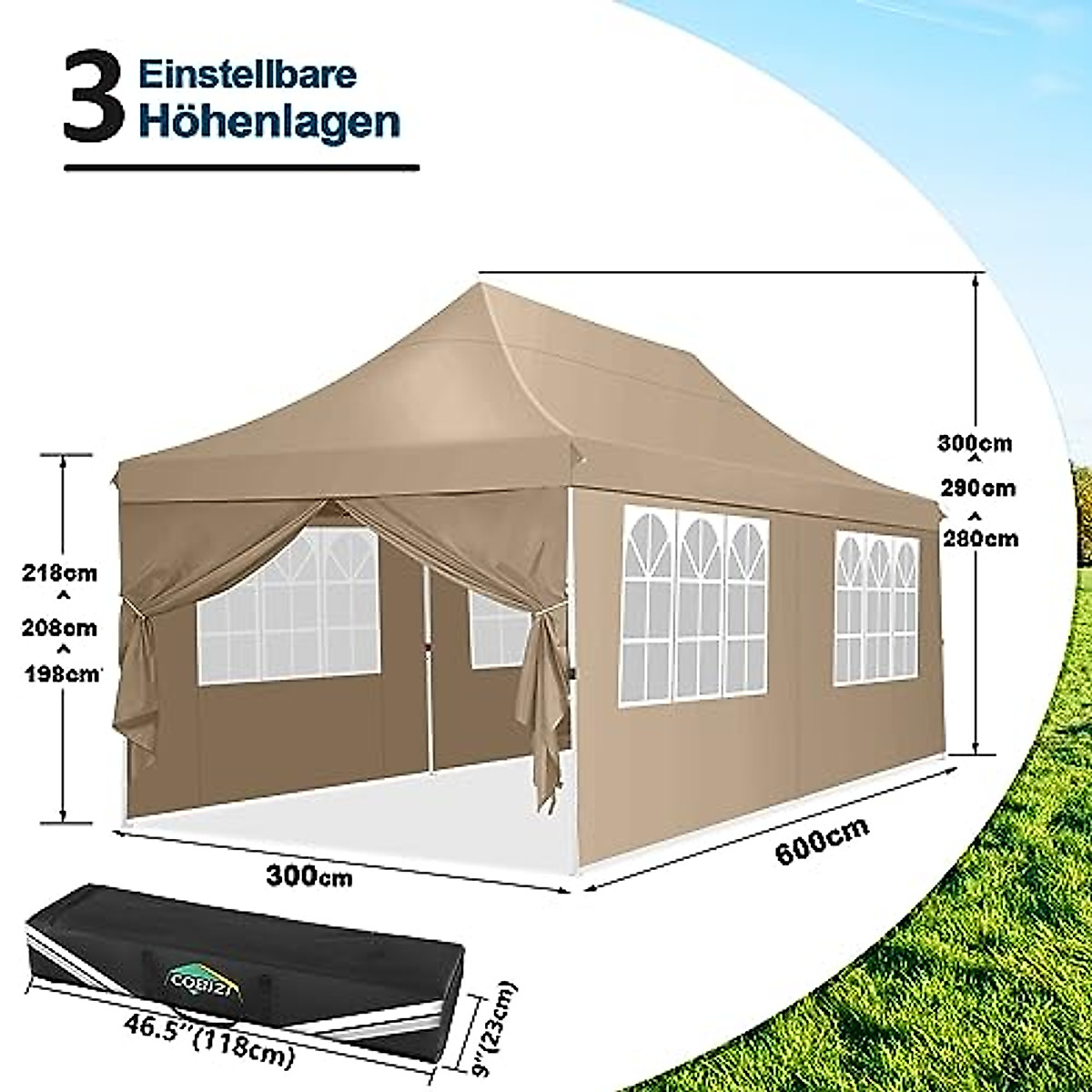 COBIZI 10x20 Pop Up Canopy Tent with 6 Removable Sidewalls, Easy Up Commercial Canopy, Waterproof and UV50+ Gazebo with Portable Bag, Adjustable Leg Heights,Party Tents for Parties