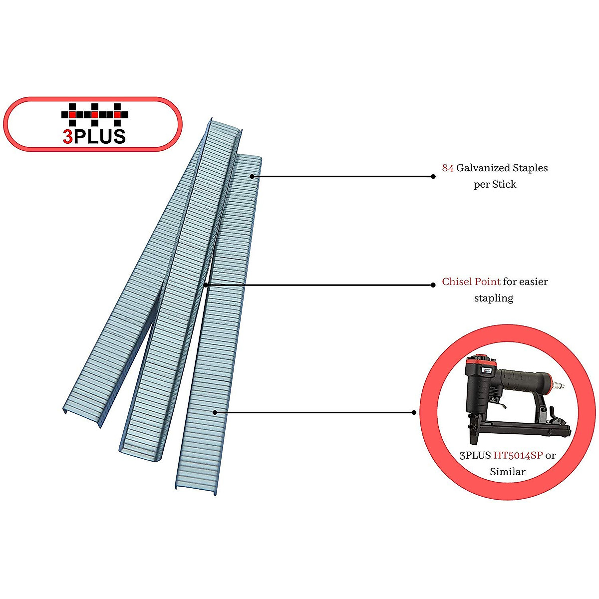 3PLUS T50/06 20 Gauge 3/8-Inch(10.6mm) Crown 1/4-Inch Leg Length Galvanized Fine Wire Staples, 5,000 per Box