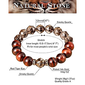 Jewever Natural Smoky Quartz Crystals with Red Tiger Eye Bracelets for Men Women Amulet Energy Healing Bring Wealth Prosperity Lucky Beads Jewelry Gifts Unisex