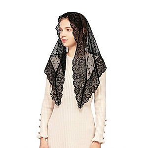 Wgior Triangle Vintage Inspired Lace Chapel Veils Catholic Mass Head Covering Scarf Mantilla Veils for Church (Black)