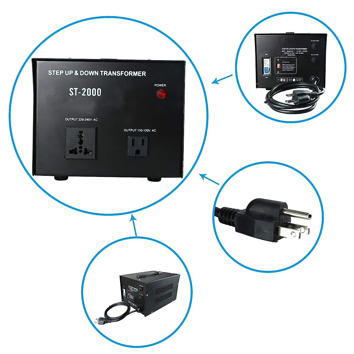 2000 Watt Step Up/Down 110V/220V Voltage Converter Transformer with Circuit Breaker Protection