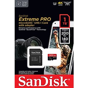 SanDisk 1TB Quick Flow Technology Extreme PRO microSD with Adapter C10, U3, V30, A2, 200MB Read Speed 140 MB Write Speed UHS-I Card