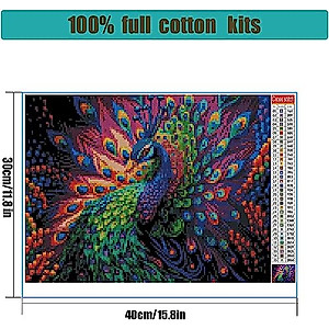 Peacock Stamped Cross Stitch Kits - Colorful 11CT Printed Easy Pattern Needlepoint Kits Embroidery Crafts for Adults Beginners Gift 12x16 Inch