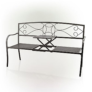 Alpine Corporation Alpine Metal Garden Outdoor Bench with Retractable Table VTFAM114, Black