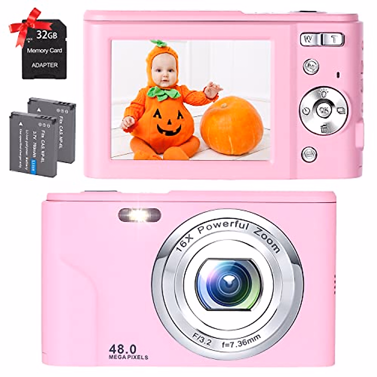 Digital Camera, FHD 48.0 MP Vlogging Camera Mini Camera Kids Camera Video Camera Pocket Camera with 32GB TF Card Autofocus 16X Digital Zoom, Compact Portable Camera for Kids Students Teenager-Pink