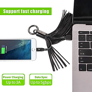 Lightning USB Leather Tassel Key Chain iPhone Charger, Compatible Cable with 7-Inch 2.4 Amp ChargeSync Cable for iPhone, iPad (Black)