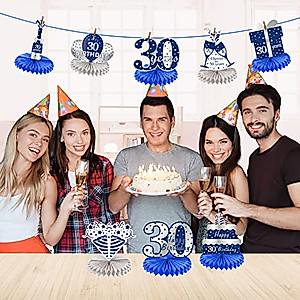 Kauayurk 8Pcs 30th birthday Honeycomb Centerpieces Decorations for Men, Blue Silver Happy 30 Table Centerpiece Party Supplies,Thirty Year Old Topper Decor Sign