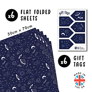 CENTRAL 23 - Navy Gift Wrap - 6 Christmas Wrapping Paper Sheets - Space Planets Stars - Birthday Wrapping Paper - Trendy Gift Wrap for Men Women Boys Girls - Recyclable