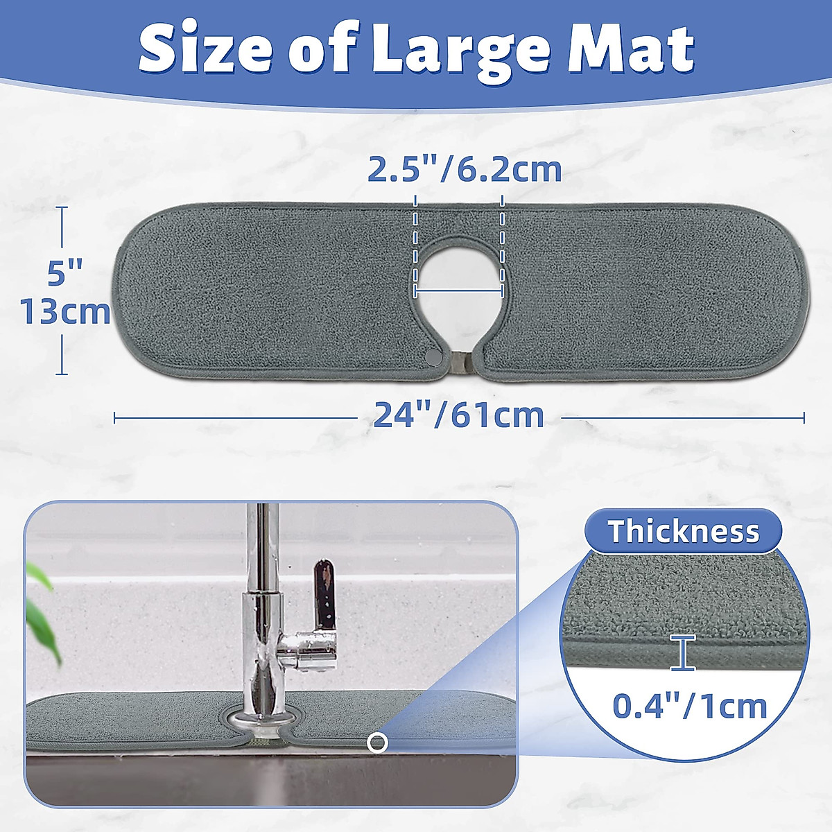 LOPNUR 2 Pack Faucet Mat for Kitchen Sink, 24 inch Long Kitchen Sink Splash Guard Behind Faucet, Thicken Sponge Microfiber Faucet Absorbent Mat, Machine Washable Faucet Splash Catcher, Gray