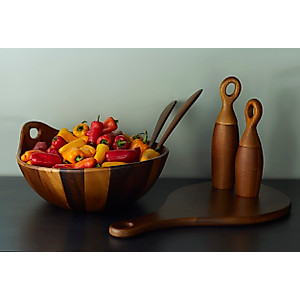 nambe Portables Wood Salad Bowl with Servers | 3-Piece Set | Acacia Wood Large Salad Bowl | Mixing Bowl with Wooden Serving Spoons | Round | Measures 11-Inches