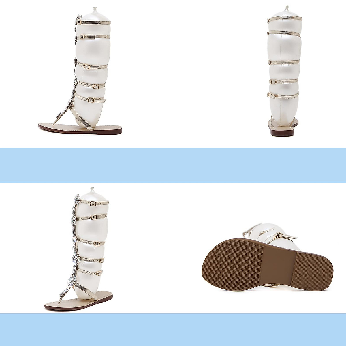 Women's Rhinestones Knee High Flat Roman Sandals,Fashion Diamond Flip Flops Mid Calf Gladiator Sandals,Summer Glitter Thong Beach Sandals (8,Blue)