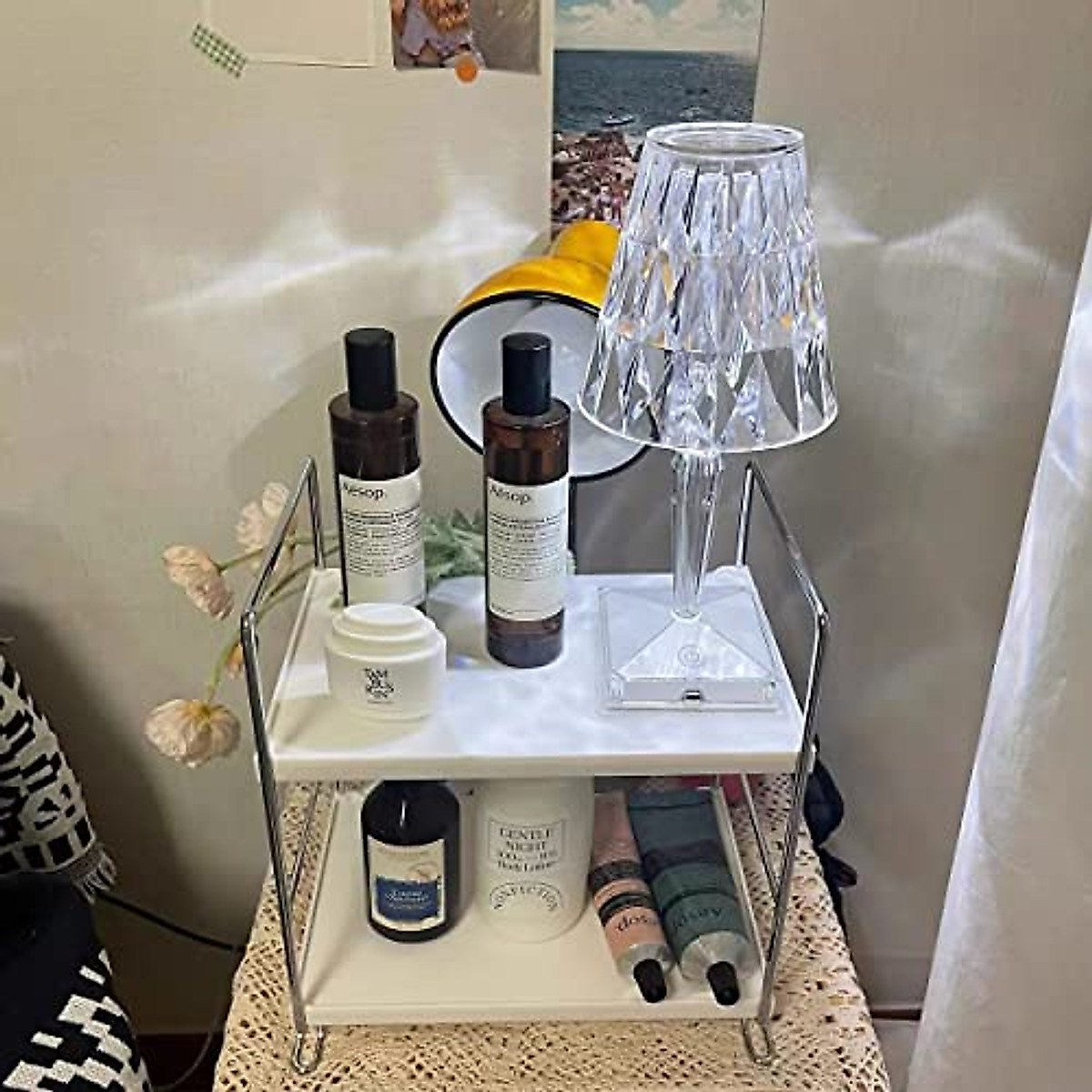 KINGBERWI 2 Tier Bathroom Organizer Countertop, Vanity Counter Skincare Makeup Organizer Holder, Bathroom sink Countertop Storage Shelf, Silver