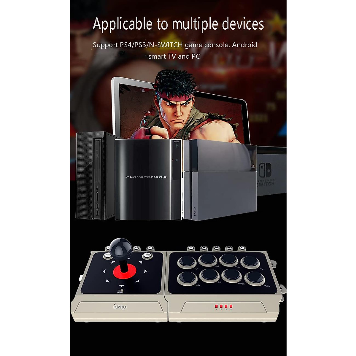 ipega PG-9221 Arcade Stick PC Street Fighter ps4 Arcade Stick Rocker whit TURBO one button continuous sending, MACRO programming for PS4/PS3/N-Switch/PC(windows 7/8/10)