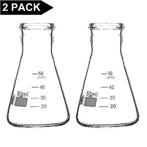 StonyLab 2-Pack Glass 50ml Heavy Wall Narrow Mouth Erlenmeyer Flasks with Heavy Duty Rim - (50ml Fits with StonyLab 4# Rubber Stopper)