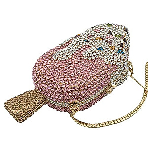 UMREN Women Cute Ice Cream Shaped Evening Clutch Rhinestone Crystal Bag Crossbody Purse Wedding Party Cocktail Handbag Peach