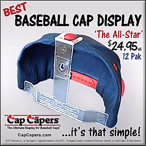 Cap Capers® Baseball Cap Display; Wall Mounted Hat Rack; Baseball Cap Storage & Organization; (12 pk) Great for Cap Collectors. The Ultimate Display for Baseball Caps