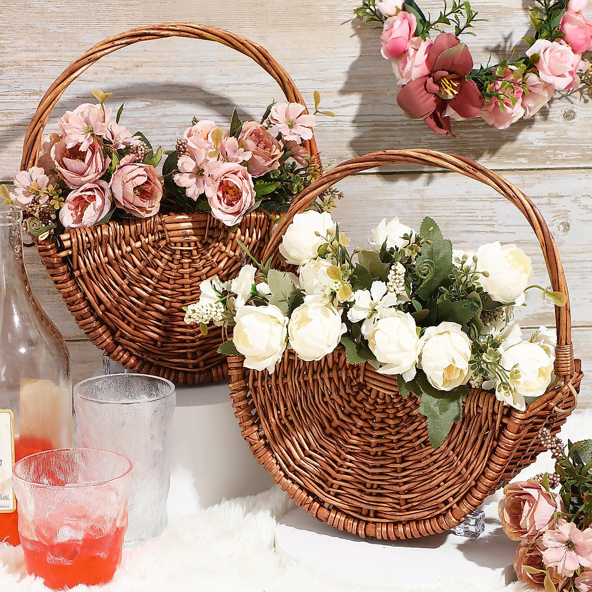 Willinglong 2 Pcs Wicker Flower Girl Baskets Small Wicker Basket with Handle Boho Wedding Baskets Half Moon Wicker Flower Basket Rattan Woven Gift Basket for Wedding Party Bridal Shower (Dark Color)