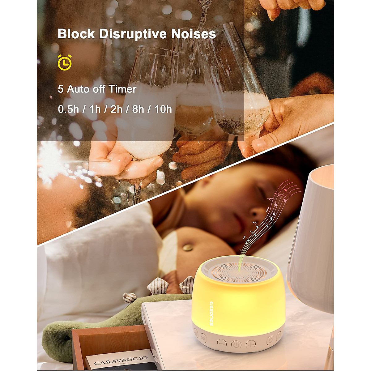 elesories White Noise Machine with Soft Dimmable Nursery Night Light & Multifunctional Speaker Sound Machine with 13 Soothing Sounds for Office Privacy, Rest,Sleep Therapy for Baby Kids Adults