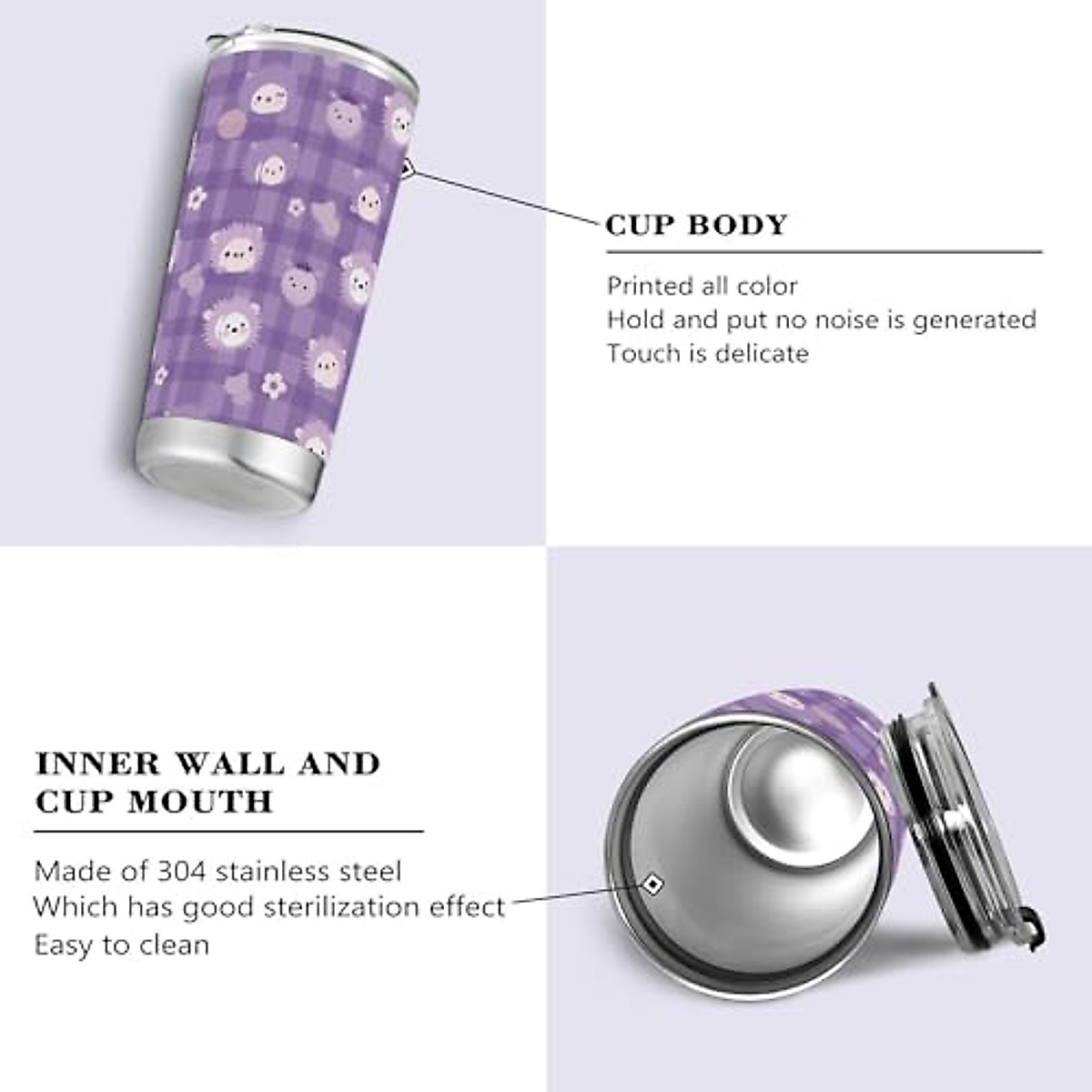 sanluoli Purple Hedgehogs Checkered Plaid Stainless Steel drinking cups with lids with Straw Leak Resistant Flip travel coffee mug for Home, Office or Car cute straw tumbler 20 OZ