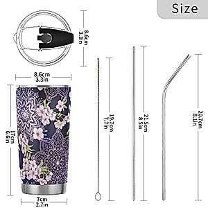 ALAZA Insulated Tumbler Purple Mandala Cherry Flower Stainless Steel Vacuum Coffee Water Tumbler Bottle with Lid and Straw Double Walled Travel Mug 20oz for Hot & Cold Drinks