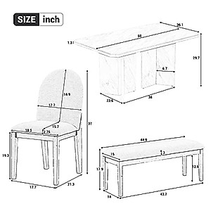 GLORHOME 6-Piece Modern Style Set | Faux Marble Table | 4 Upholstered Dining Chairs & 1 Bench | Contemporary Design | Gray, Gray12