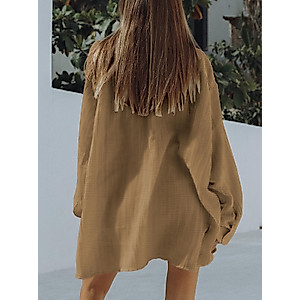 Fixmatti Two Piece Summer Sets for Women Button Down Long Sleeve Shirt with Shorts Casual Matching Set Streetwear Brown XL