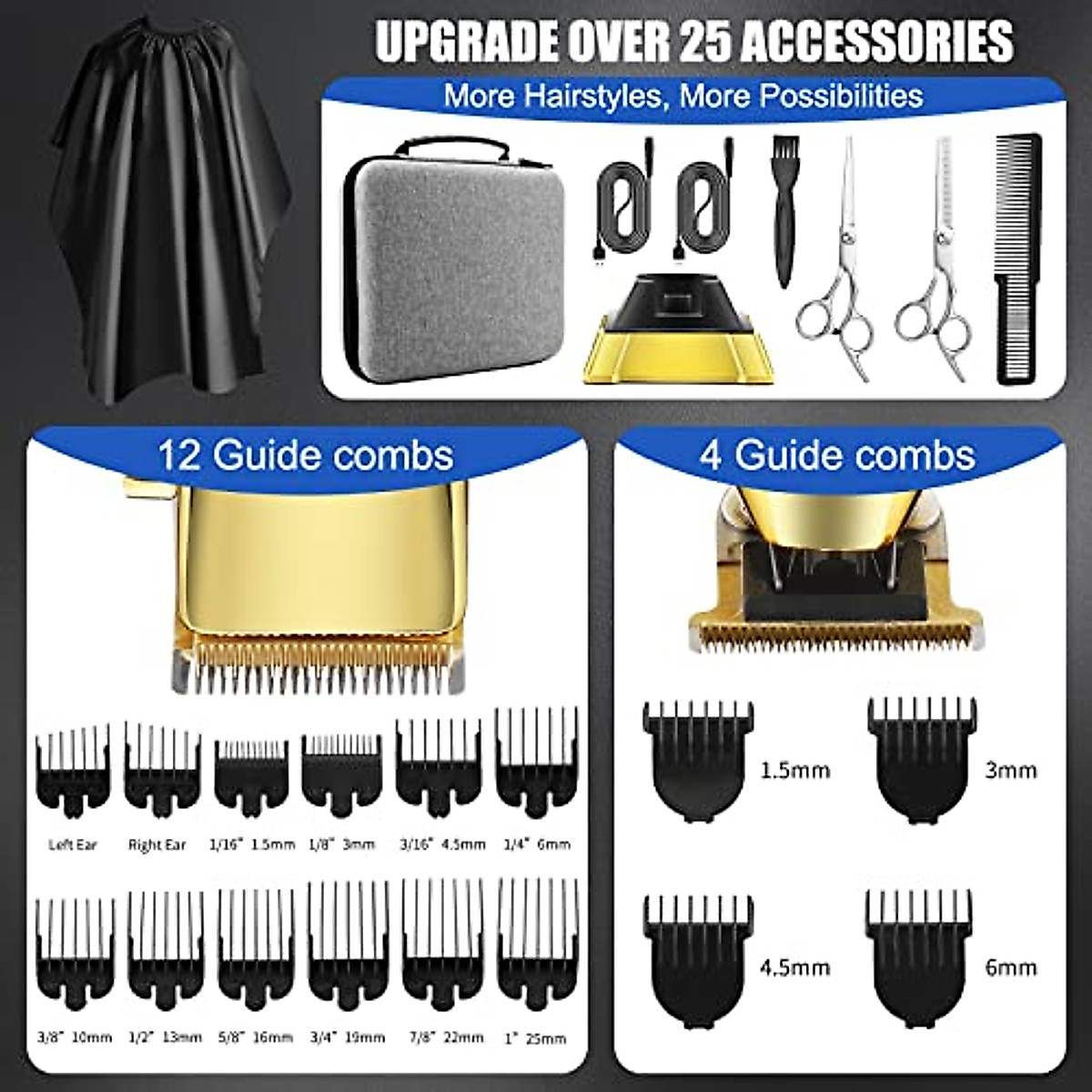 Zesuti Professional Hair Clippers & Trimmer Set for Man with Charging Base,Cordless 4 Adjustable Speeds Hair Clipper,Barber Supplies Clippers for Hair Cutting Mens T-Blade Trimmer Haircut Kit (Gold)