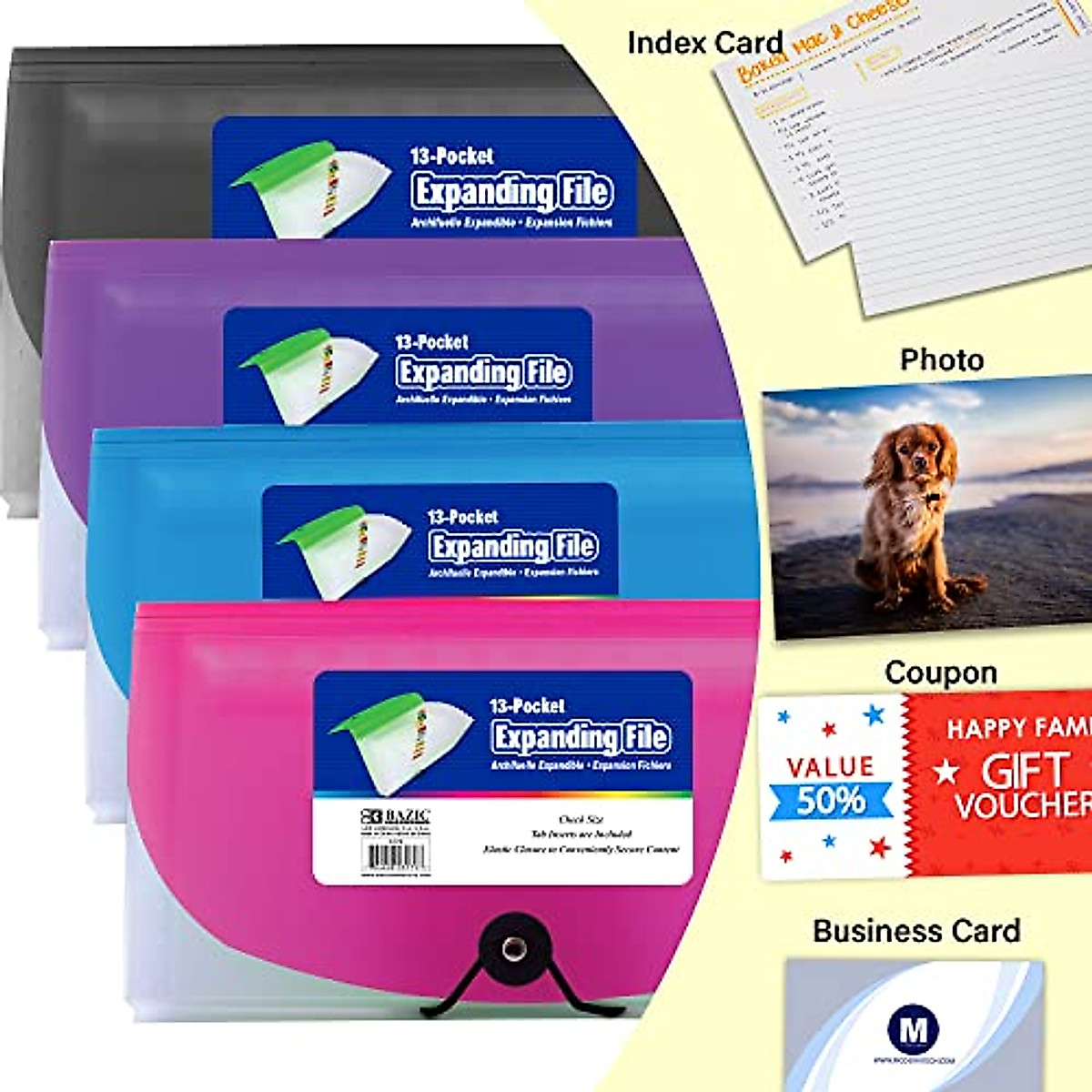 BAZIC Expanding File Folder 13 Pockets, Coupon Size Plastic File Folders w/Color Tabs Pocket, Home Office Supplies, Check Bills Receipts Organizer, 4-Pack