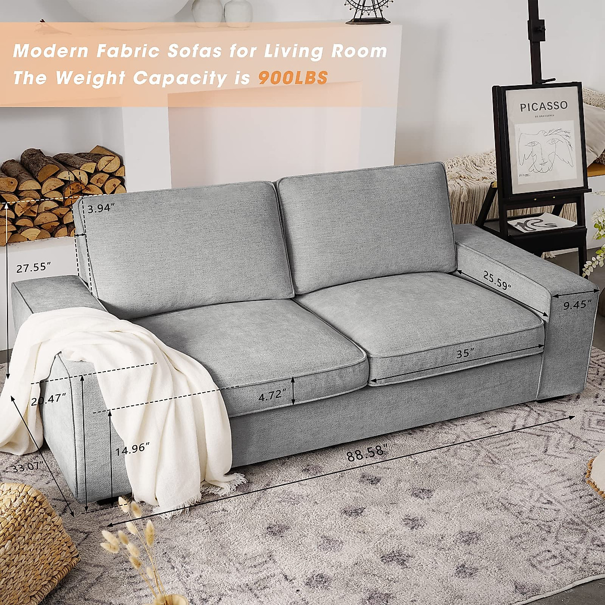 LEISLAND 88.58" Modern Sofas Couches for Living Room, Chenille Sofas & couches with Square Armrest, Removable Low-Back Sofa Cushion and Detachable Sofa Cover/Easy to Install(Light Grey)