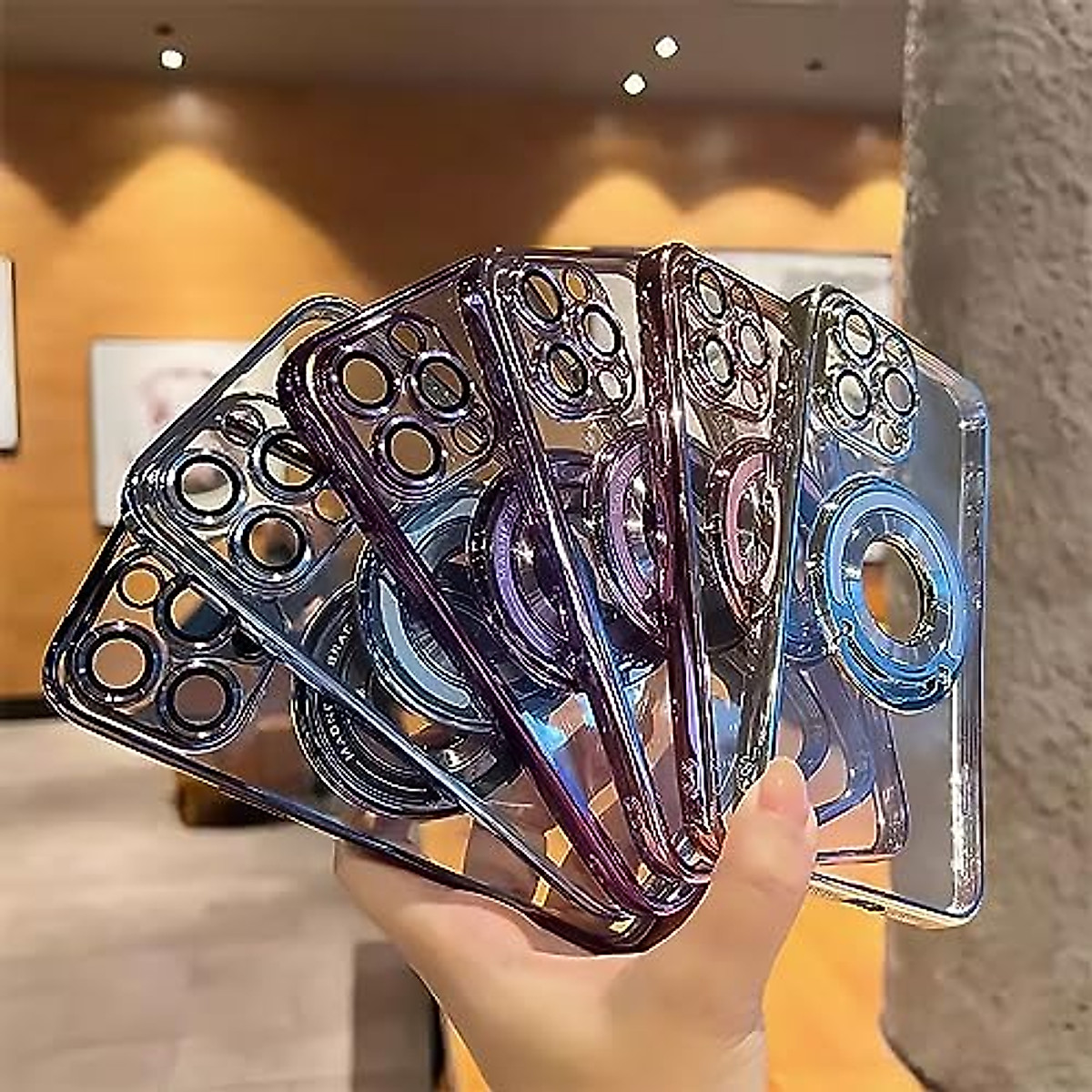 Uioeua Compatible with iPhone 14 Pro Max Magnetic Clear Kickstand Case,Luxury Plating Transparent Bracket MagSafe Case with Full Camera Lens Protector for iPhone 14 Pro Max-Sky Blue