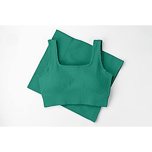 QINSEN Workout Sets for Women 2 Piece Seamless Ribbed Crop Tank High Waist Shorts Yoga Outfits (L, Emerald Green)