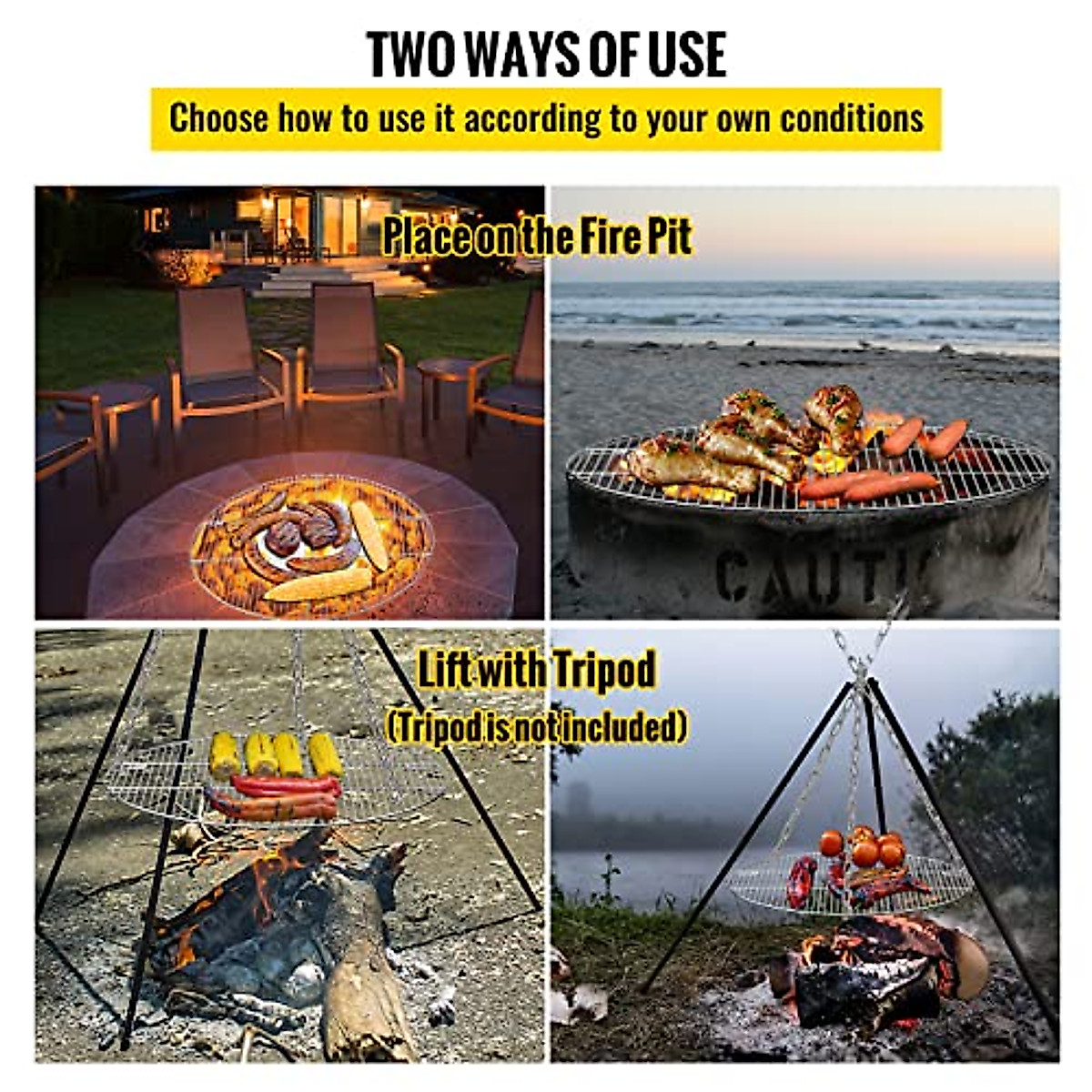 VEVOR Fire Pit Grates, Foldable Round Cooking Grate, Stainless Steel Tight Grid Campfire BBQ Grill with Portable Handle for Outdoor Picnic Party & Gathering, Silver (36 inch-No Handle)