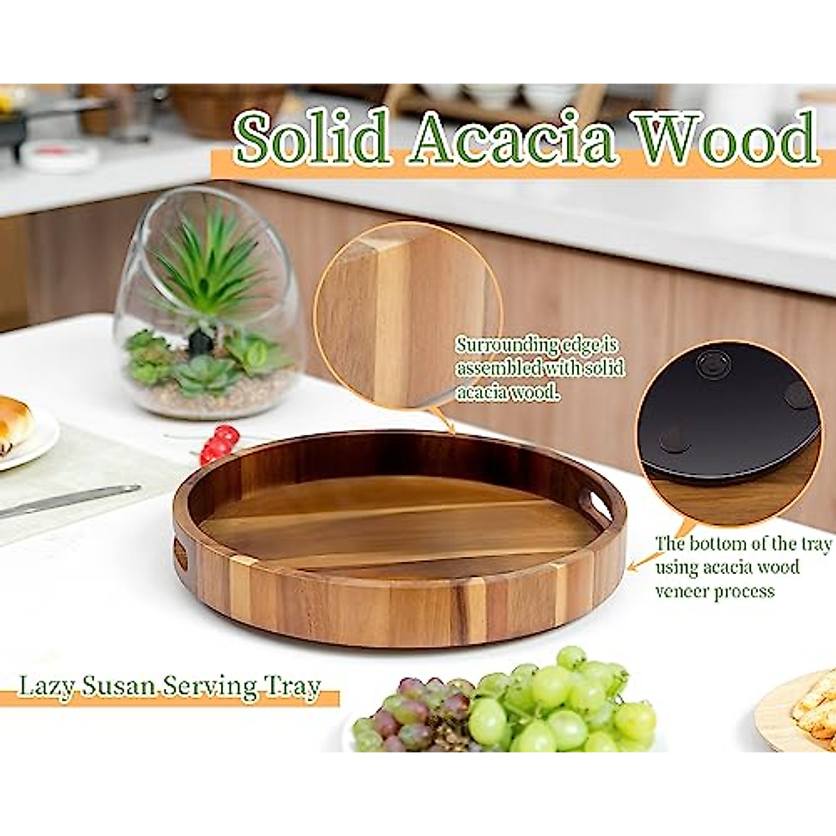 Lazy Susan Wooden Round Tray with Built-in Handles, Farmhouse Wood Serving Tray with Rotating System, Multifunctional Organizer Tray for Home Decorations Bath Vanity Tray Kitchen Counter Ottoman Tray
