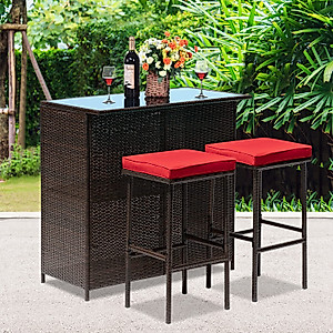 FDW Outdoor Furniture Set Wicker Bistro Set 3PCS Patio Bar Set with Two Stools for Patio Backyard Balcony,Red Cushion